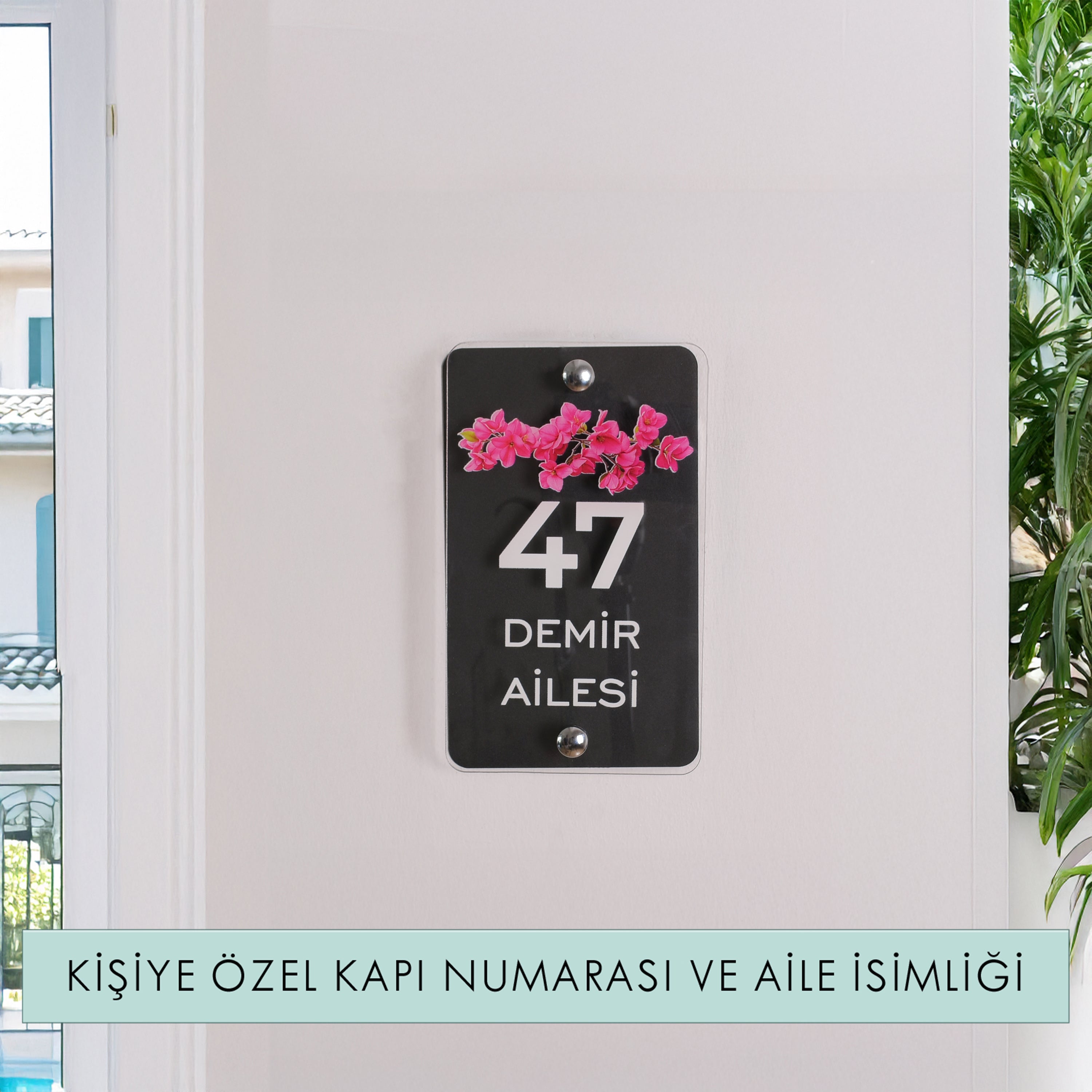 Kişiye Özel Şeffaf Pembe Çiçekli Kapı Numarası ve Aile İsimliği ...