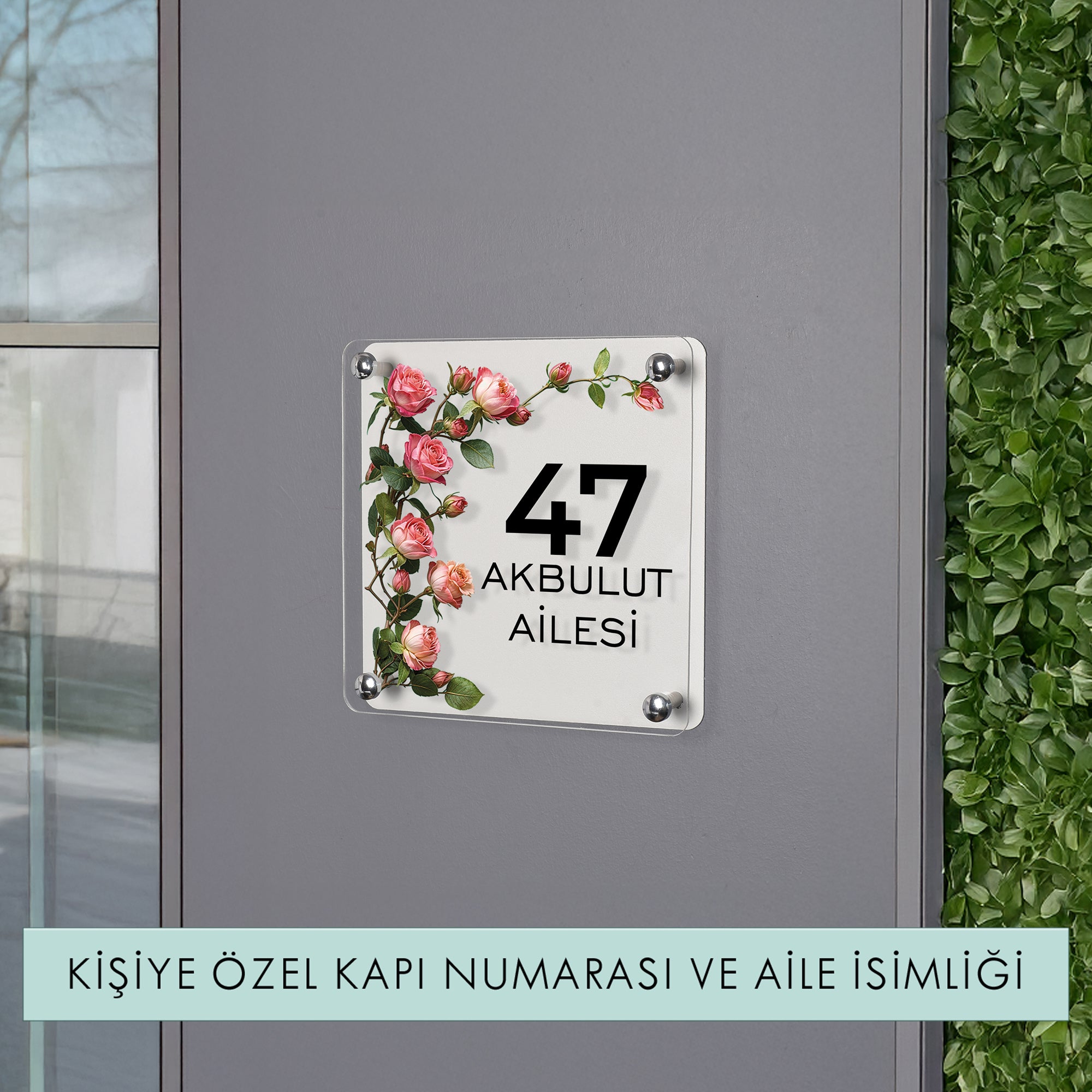 Kişiye Özel Pembe Gül Dallı Kapı İsimliği – morimora.com