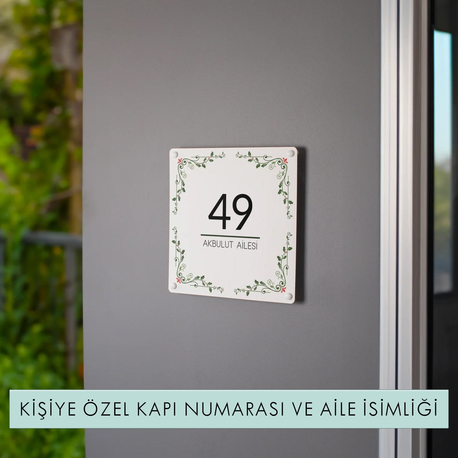 Kişiye Özel Yeşil Motifli Kapı Numarası ve Aile İsmi Metal Tabela ...